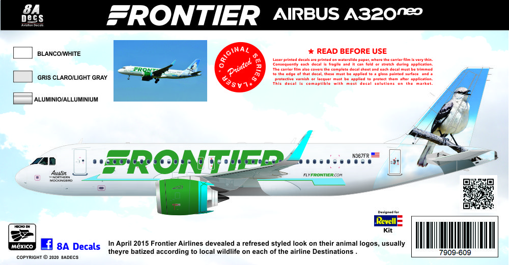 8aDecs.::.Decals Catalogue FRONTIER A320NEO AUSTIN THE MOCKINGBIRD DECAL