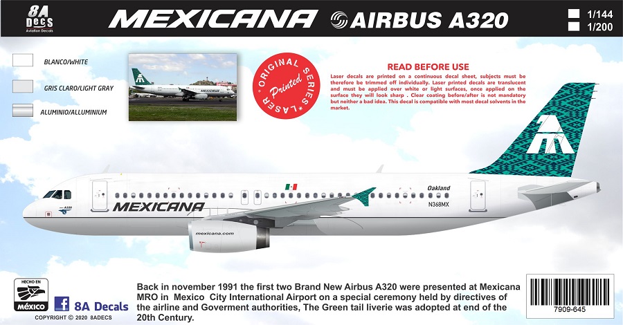 8aDecs.::.Decals Catalogue MEXICANA AIRBUS A320 GREEN TAIL DECALSET